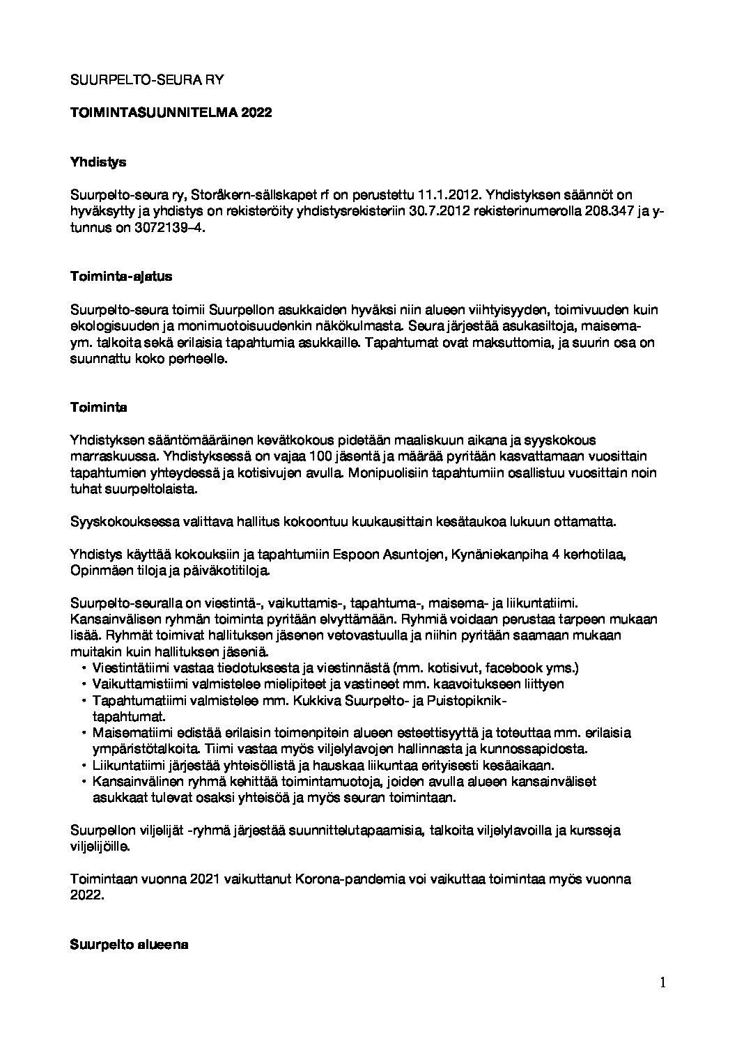 Suurpelto-seura toimintasuunnitelma 2022 1 | Suurpelto-seura