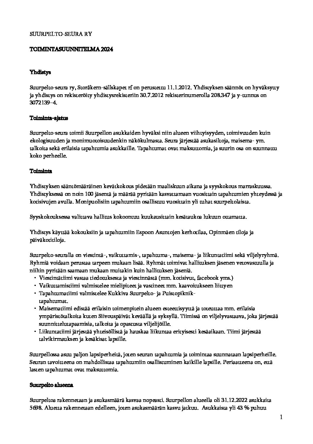 Suurpelto-seura toimintasuunnitelma 2024 | Suurpelto-seura